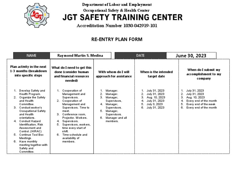 Re-Entry Plan Form 2 | PDF | Occupational Safety And Health | Applied ...