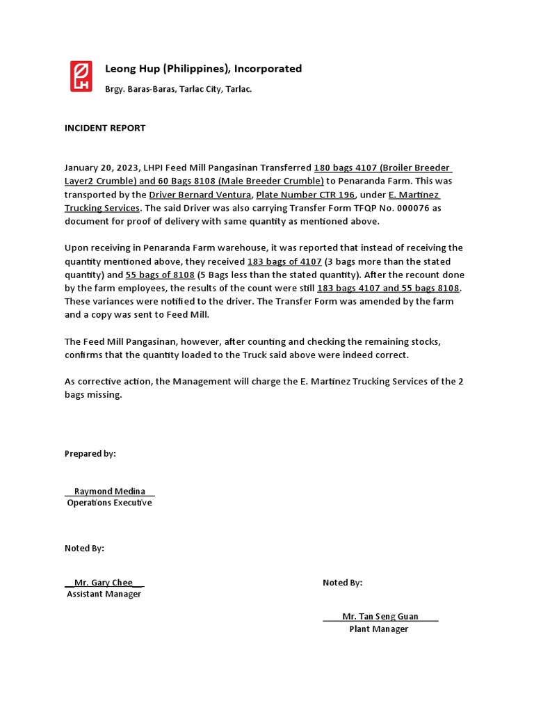 INCIDENT REPORT Penaranda Farm PDF | PDF