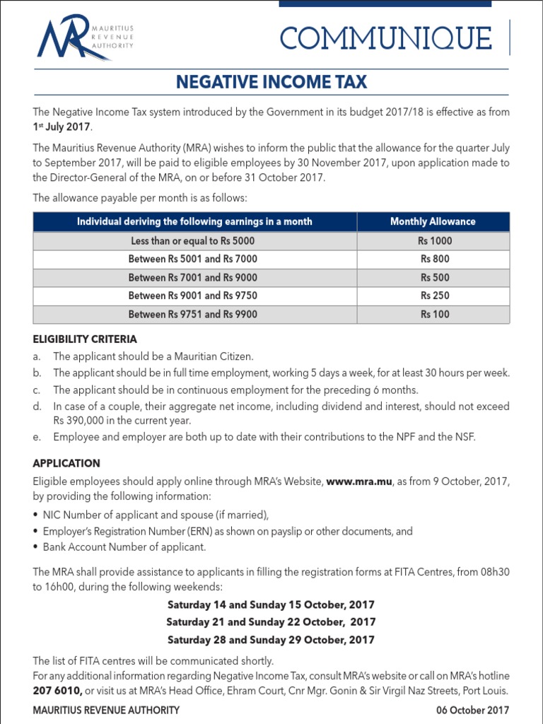 Mauritius Negative Income Tax | PDF | Taxes | Money