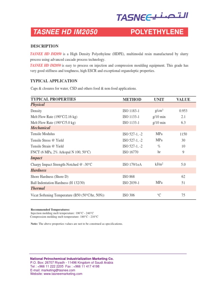 Tds Tasnee HD Im2050 Revised in 2022 | PDF | Polyethylene | Hardness