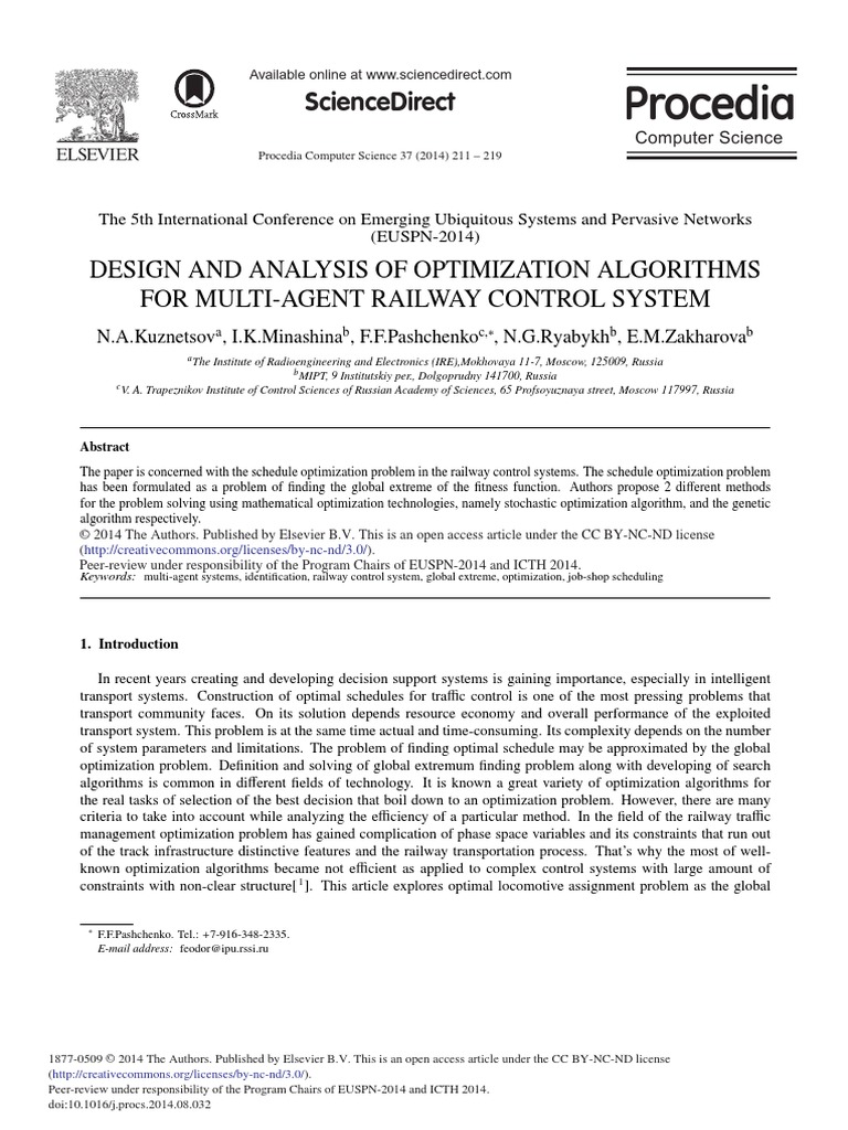 Design And Analysis Of Optimization Algorithms For Multi Agent Railway Control System Pdf