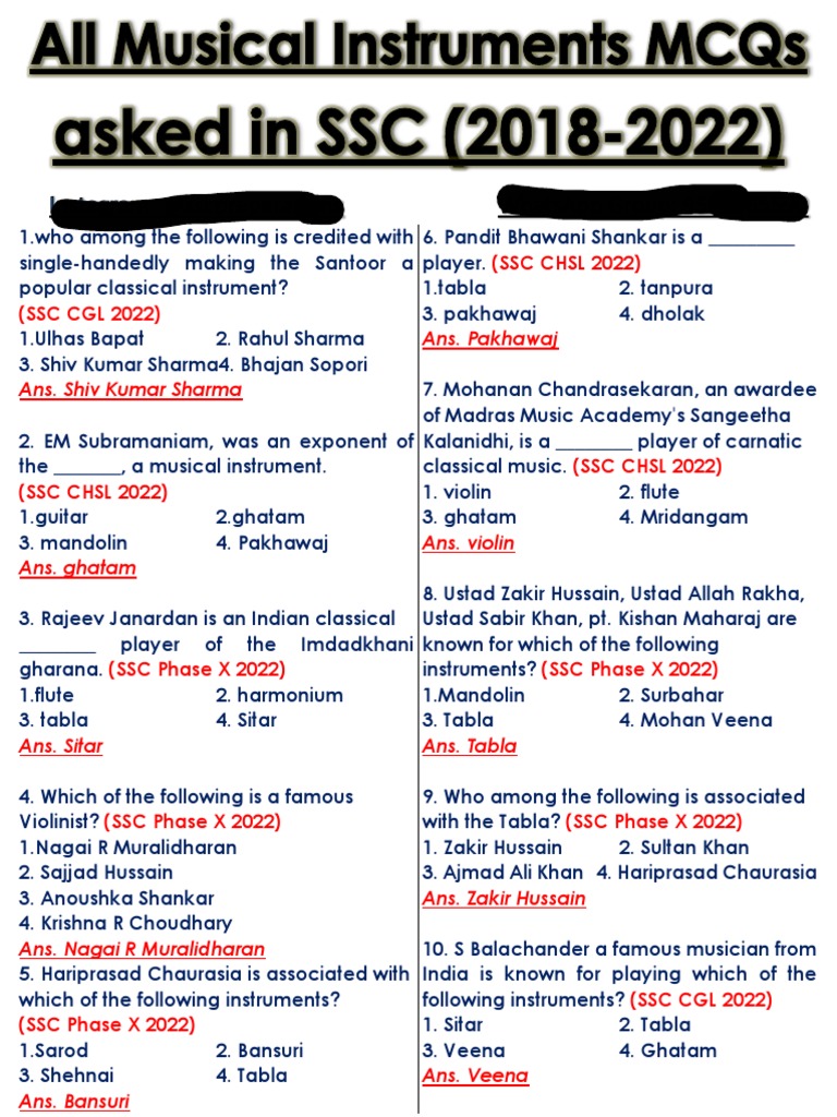 All Musical Instruments and Musicians MCQs Asked in SSC 2018 2022 | PDF | Musical Instruments ...