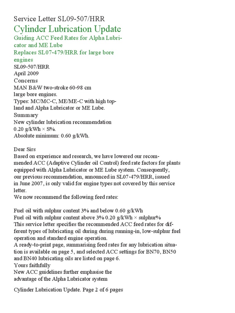 Service Letter SL09-507 HRR Cylinder Lubrication | PDF | Piston ...