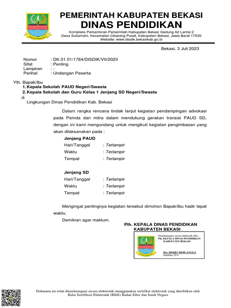 Surat Undangan Pengimbasan Transisi PAUD SD Ok | PDF