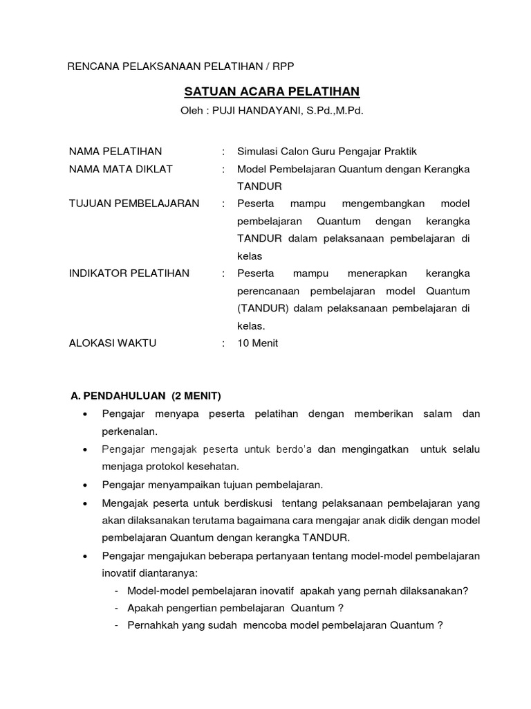 RPP Pelatihan Model Pembelajaran Quantum Tandur | PDF