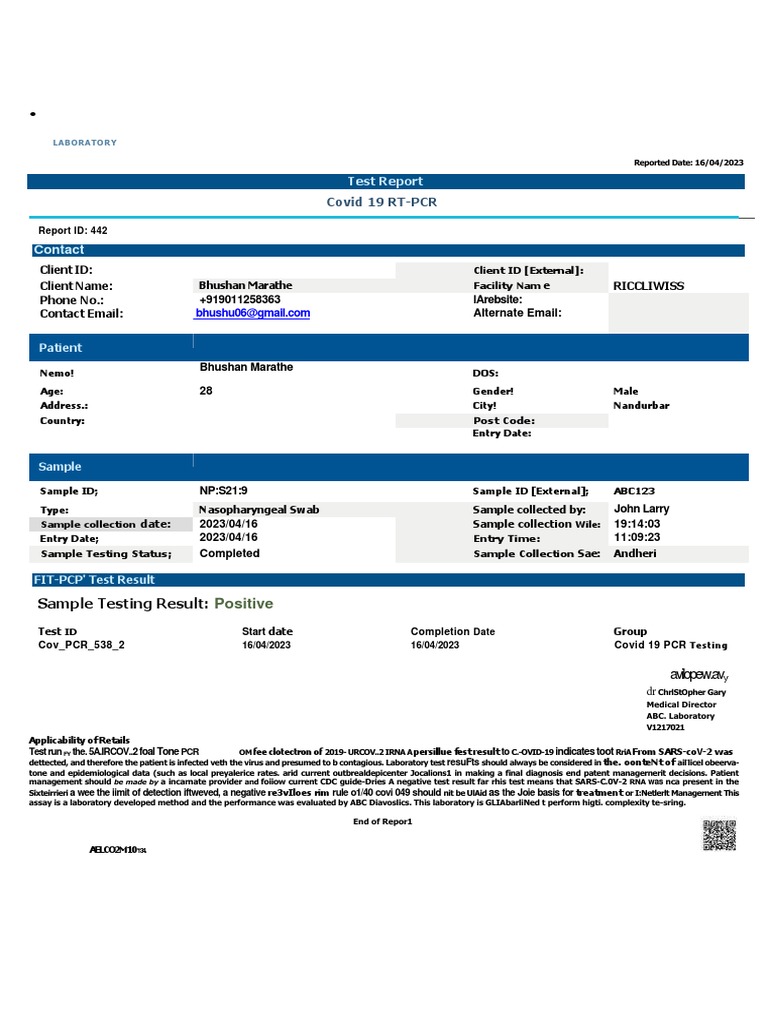 Covid 19 Test Report | PDF | Health Sciences | Clinical Medicine