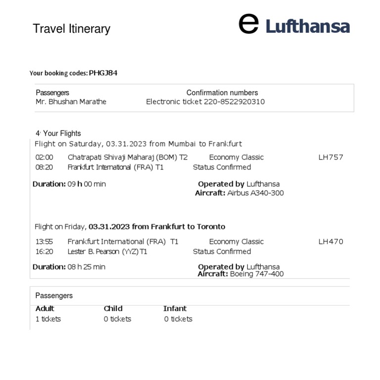 Lufthansa - Your Booking Information PDF Airlines Aviation | PDF