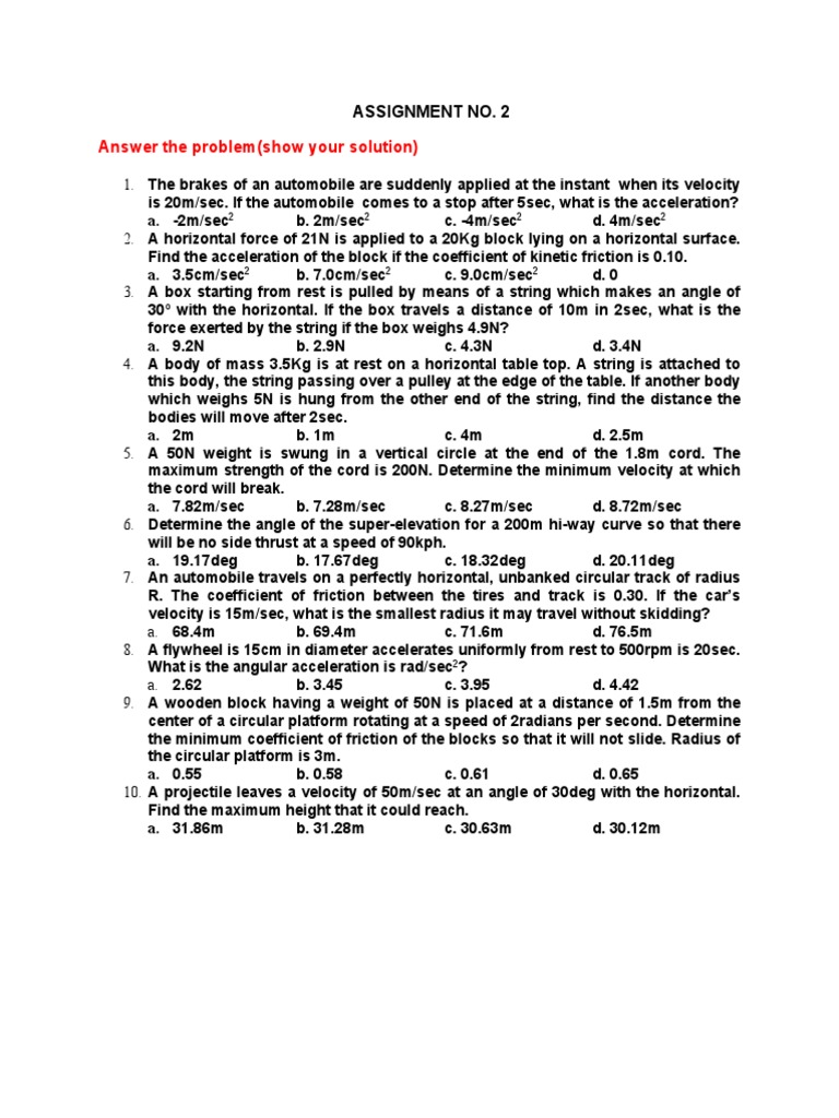 Physics Problem Set: Motion and Forces | PDF | Force | Acceleration