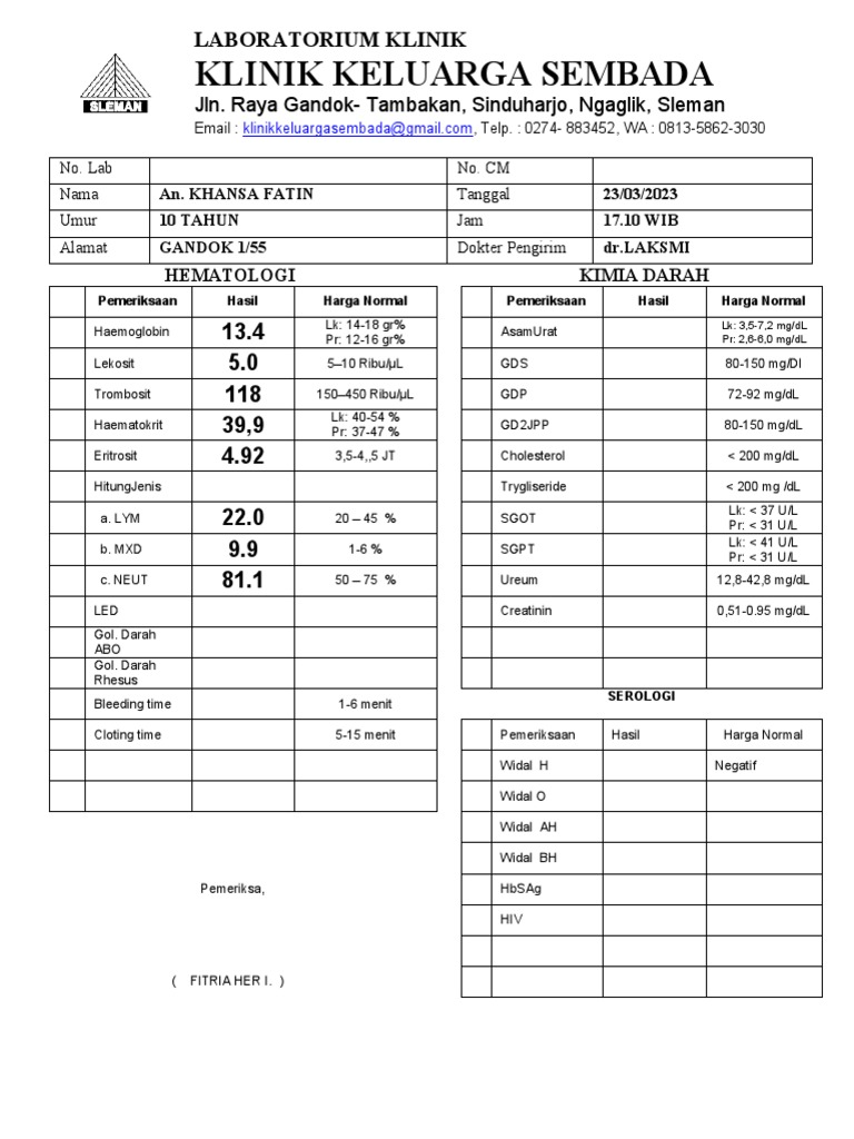Contoh Formulir Hasil Laboratorium HEMA KIMIA | PDF