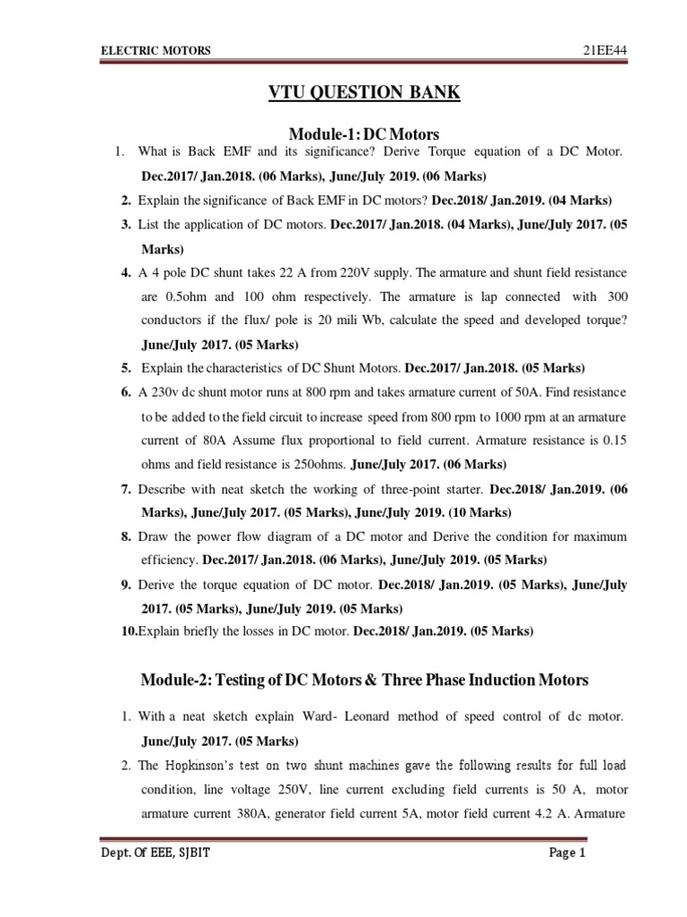 VTU Electric Motors Question Bank | PDF | Electric Motor | Manufactured ...