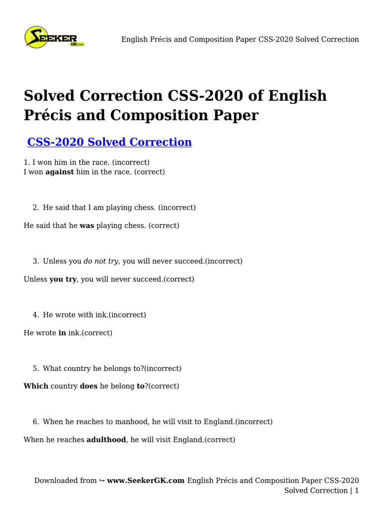 English Précis and Composition Paper CSS-2020 Solved Correction | PDF