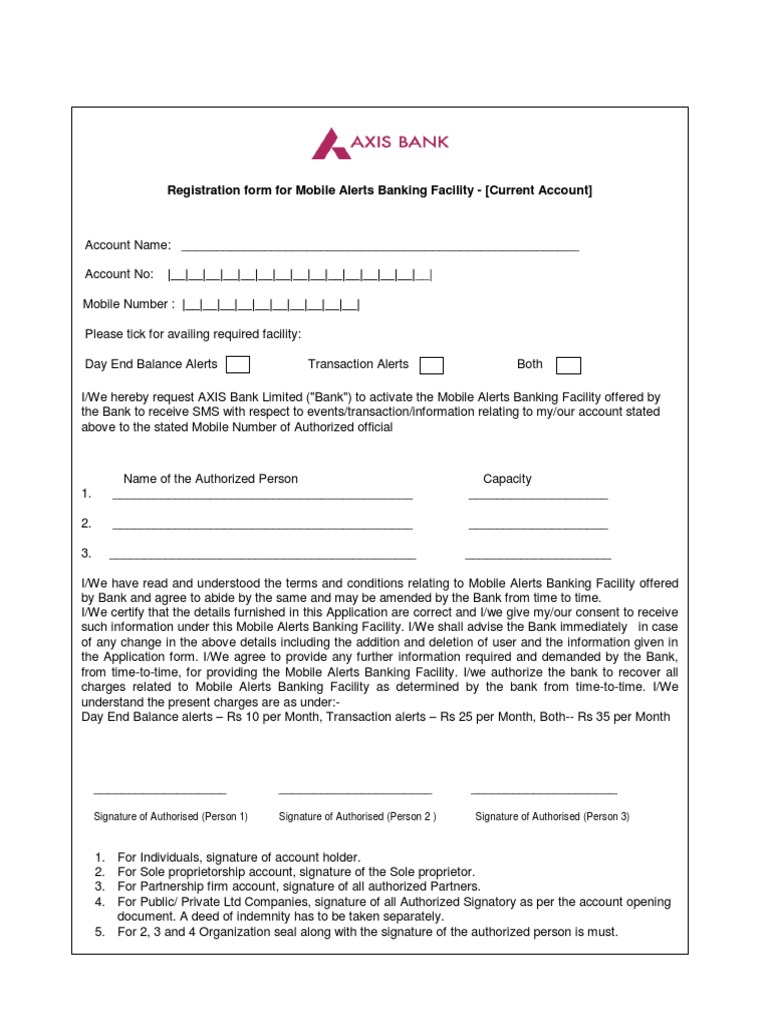 Registration Form For Sms Alerts For Current Accounts | PDF ...