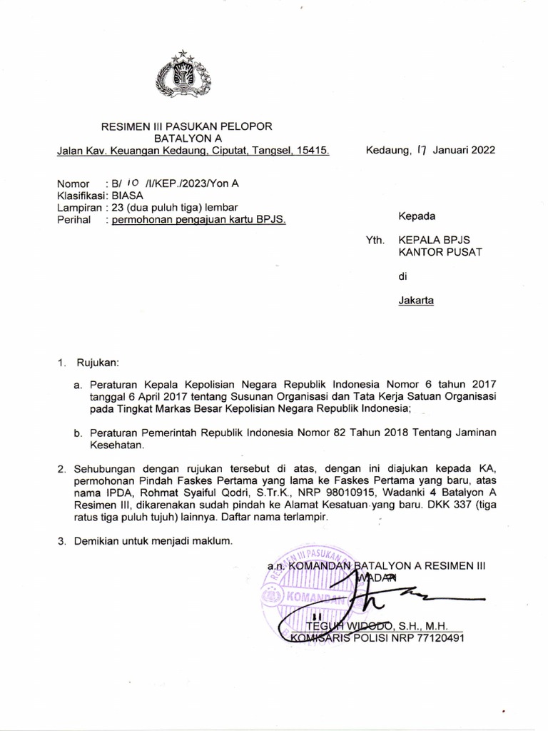 SURAT PINDAH FASKES BPJS 337 PERS YON A | PDF