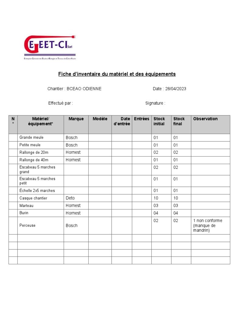 Fiche d'inventaire matériel chantier | PDF