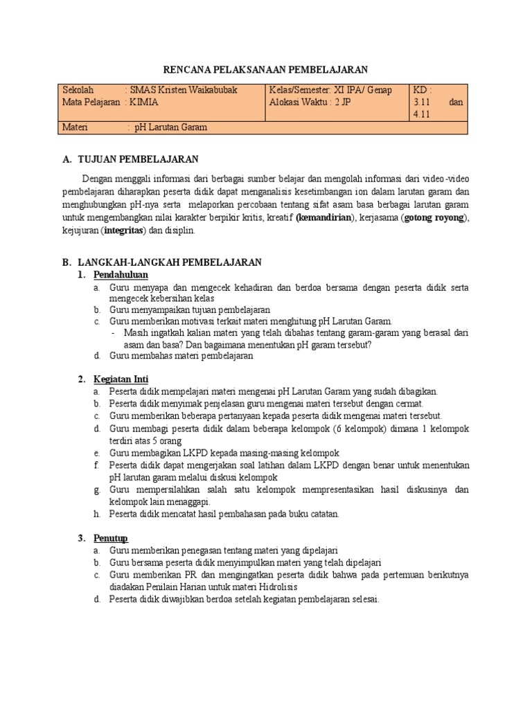 RPP 12 - PH LARUTAN GARAM (HIDROLISIS) | PDF