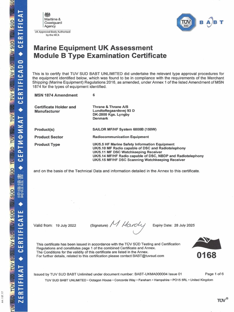 99 181471 - Sailor System 6000b 150w Gmdss MFHF - Ec Type Examination ...