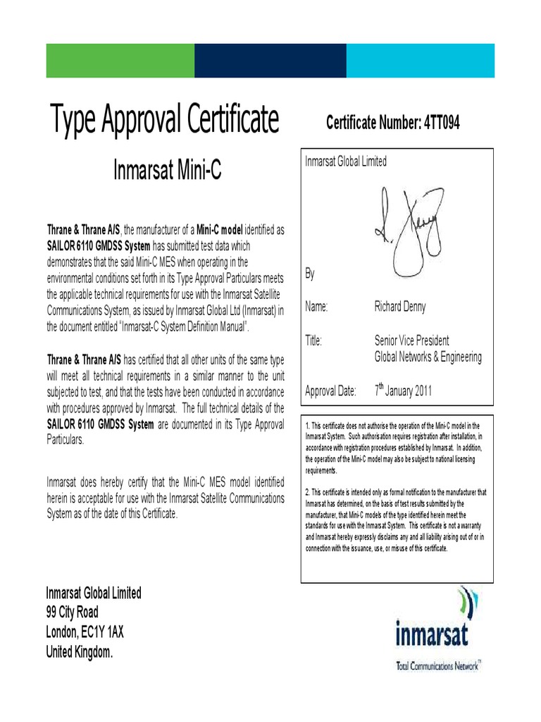 SAILOR 6110 GMDSS System Type Approval Certificate Inmarsat | PDF