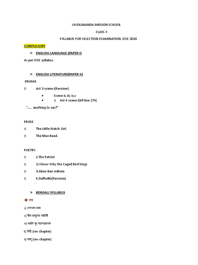 VMS Syllabus Selection 2023-24 Icse | PDF