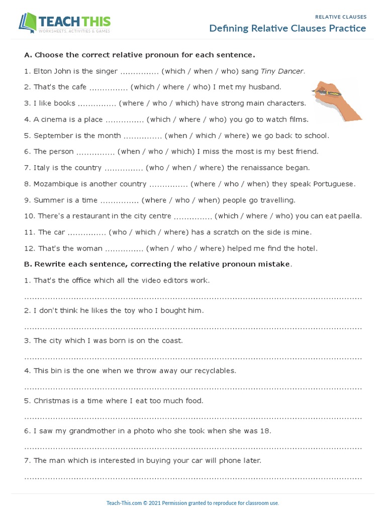 Defining Relative Clauses Worksheet | PDF