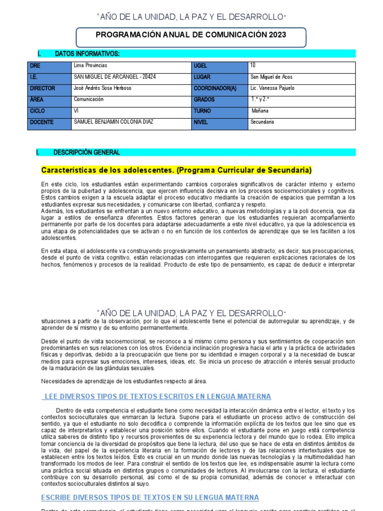 1ro y 2do Programación Anual 2023 | PDF | Evaluación | Aprendizaje