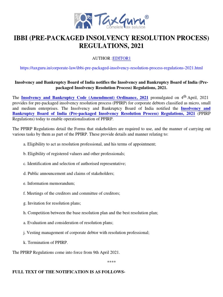 IBBI (Pre-Packaged Insolvency Resolution Process) Regulations, 2021 ...