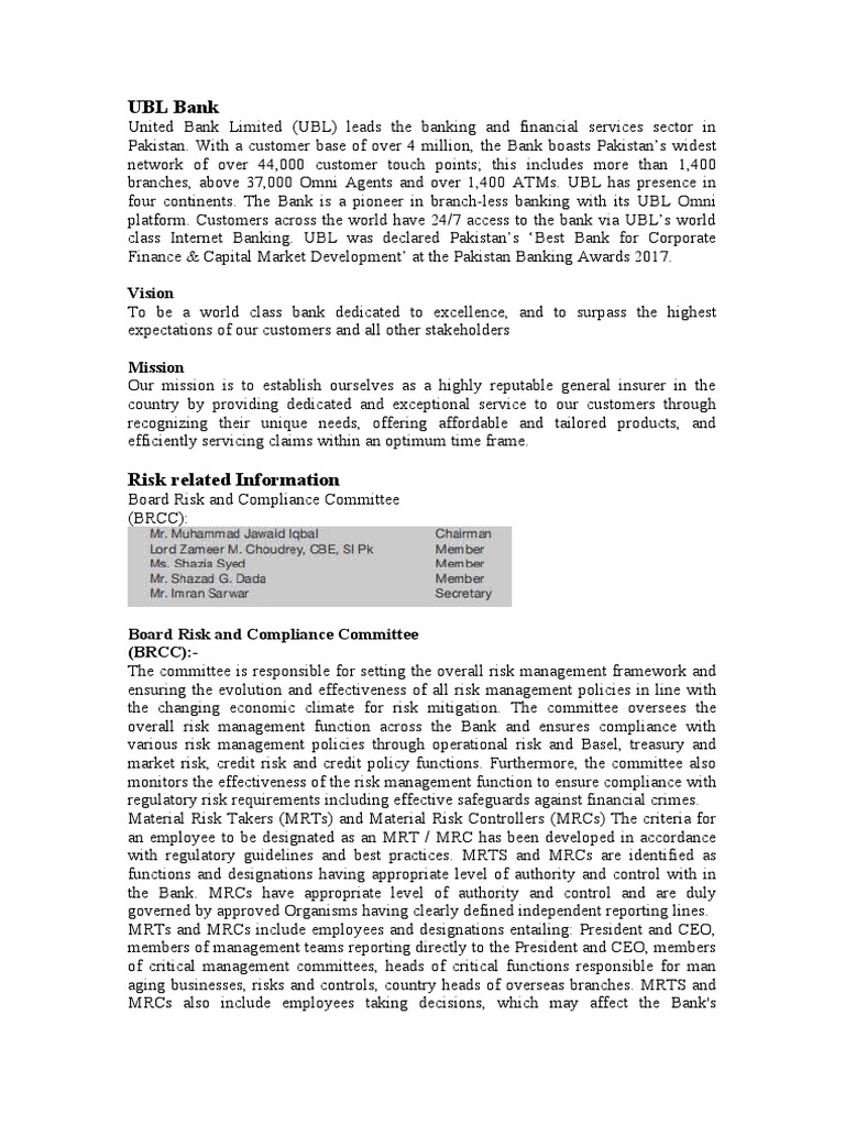 UBL Bank | Download Free PDF | Banks | Risk