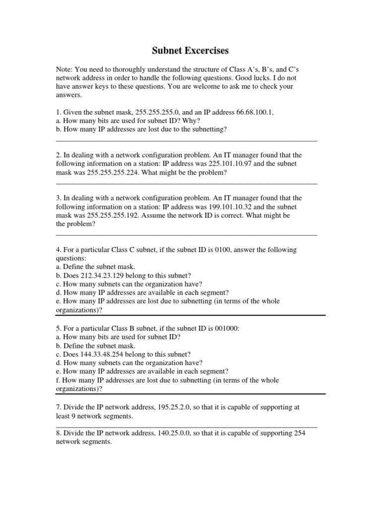 Subnet Excercises | PDF | Ip Address | Internet Protocols