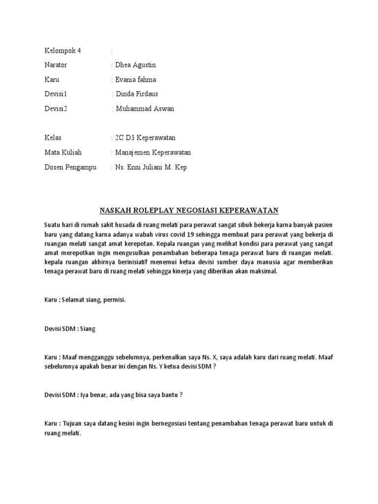 Kelompok 4 - 2C - Naskah Roleplay Negosiasi Keperawatan | PDF