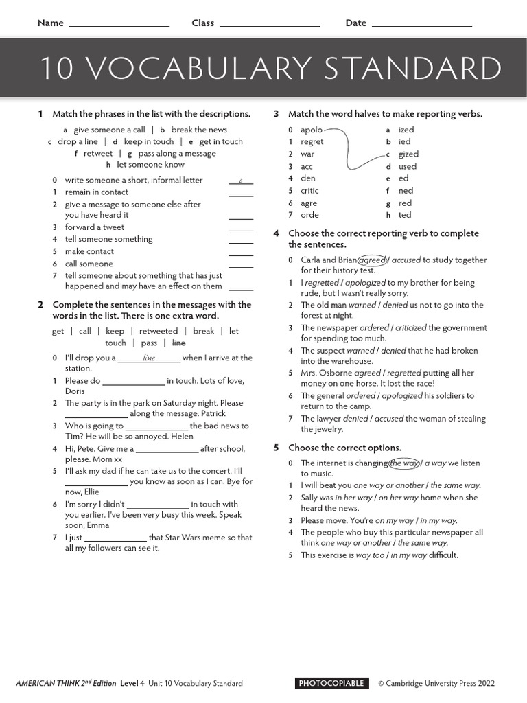 Vocabulary Exercises for Unit 10 | PDF