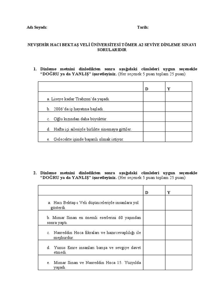 Tömer A2 - Di̇nleme Sinavi | PDF