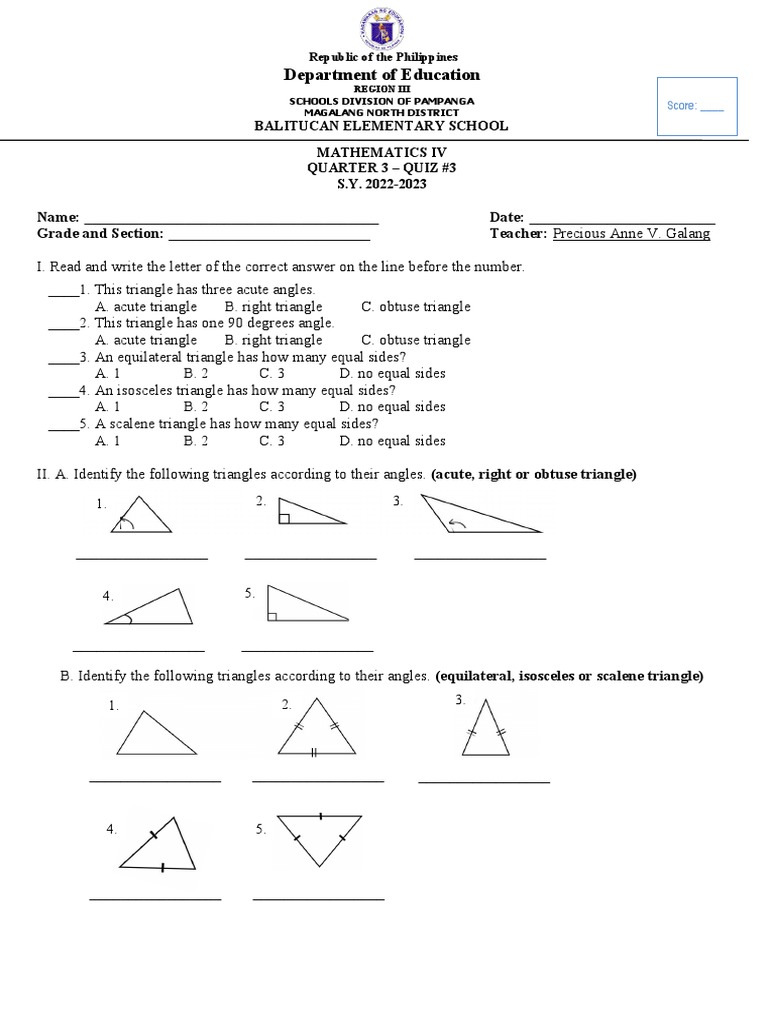 G5 Q3 Quiz3 | Download Free PDF | Triangle | Triangle Geometry