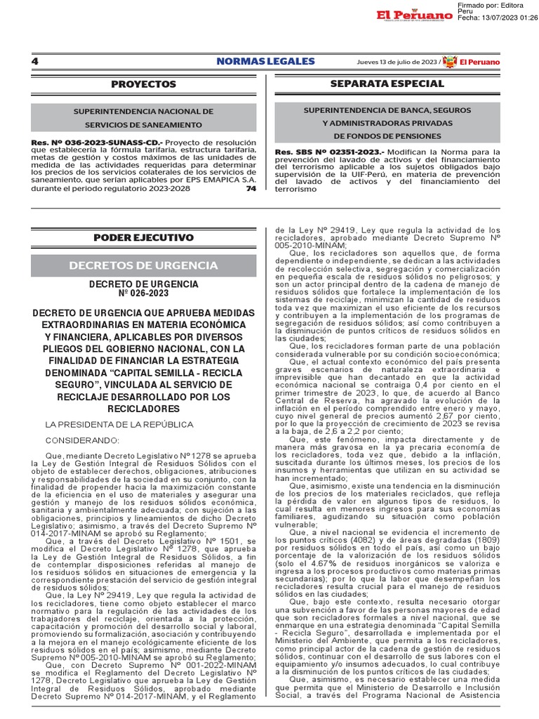 Decreto de Urgencia Que Aprueba Medidas Extraordinarias en M Decreto de Urgencia N 026 2023 ...