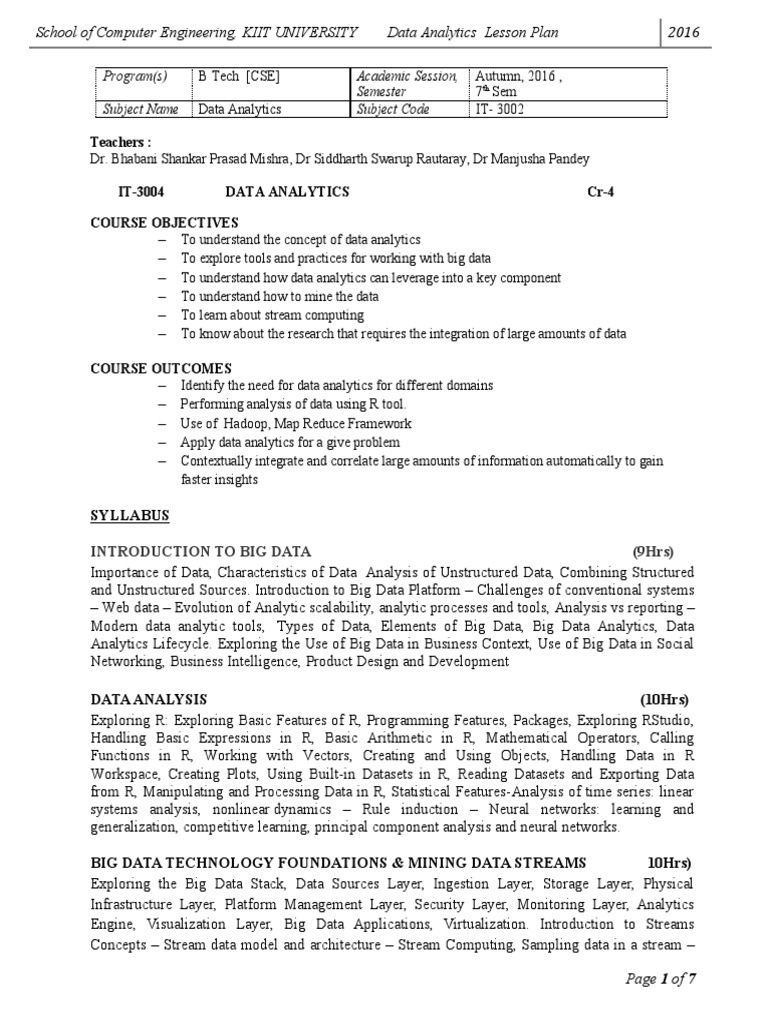 Data Analytics Course Plan 2016 | PDF | Big Data | Analytics