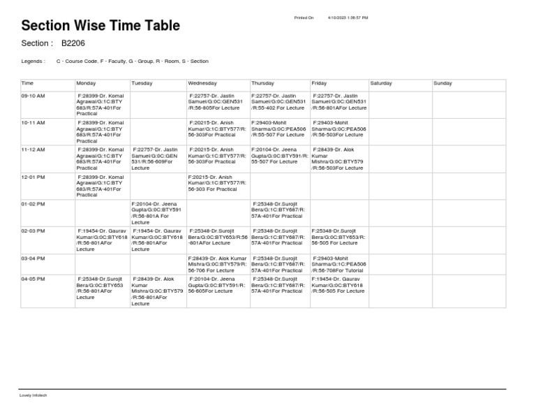 Section Wise Time Table | PDF