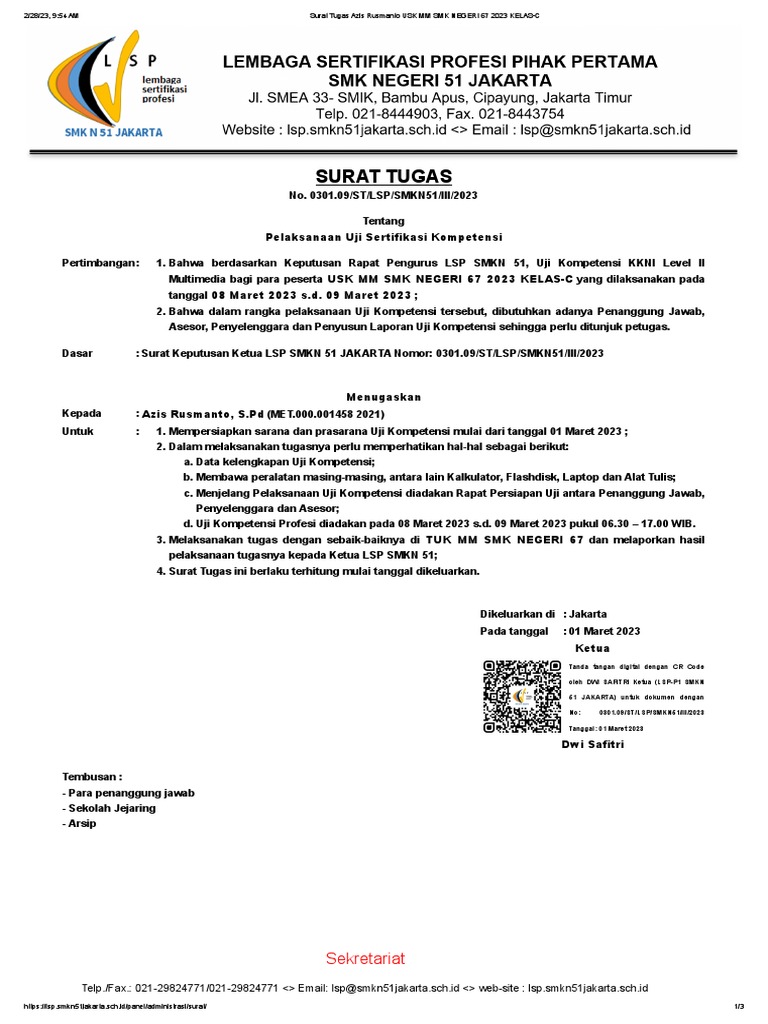Surat Tugas Azis Rusmanto Usk MM SMK Negeri 67 2023 Kelas-C | PDF