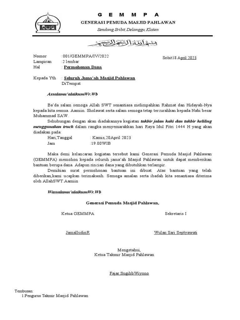 Surat Permohonan Dana Takbir Jalan Kaki Irma 1443 H-1 | PDF