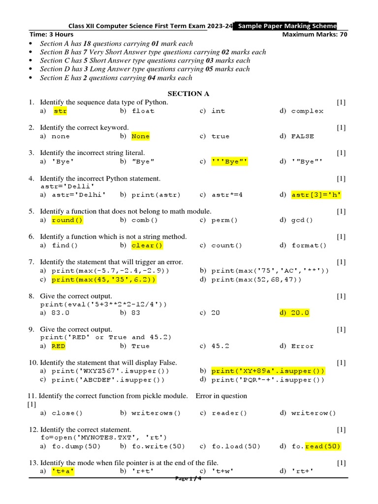 SQP Ms Term1 Xii | PDF | Text File | Computer Science