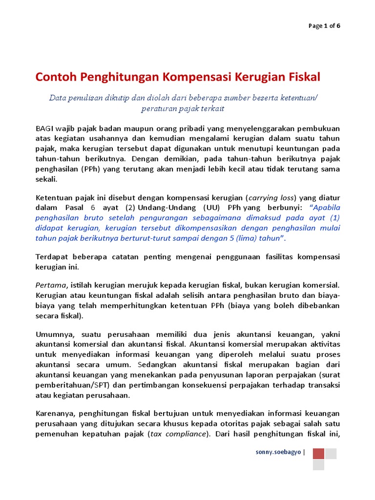 Contoh Penghitungan Kompensasi Kerugian Fiskal - USED Part 1 | PDF