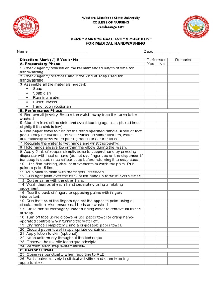 NCM 103B Performance ChecklistsWITHrating | PDF | Hand Washing