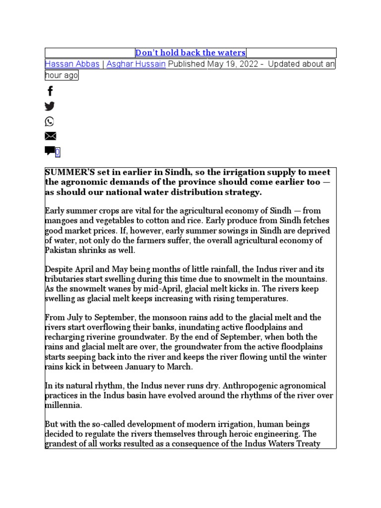Article On Water Cresis | PDF | Indus River | Water Management