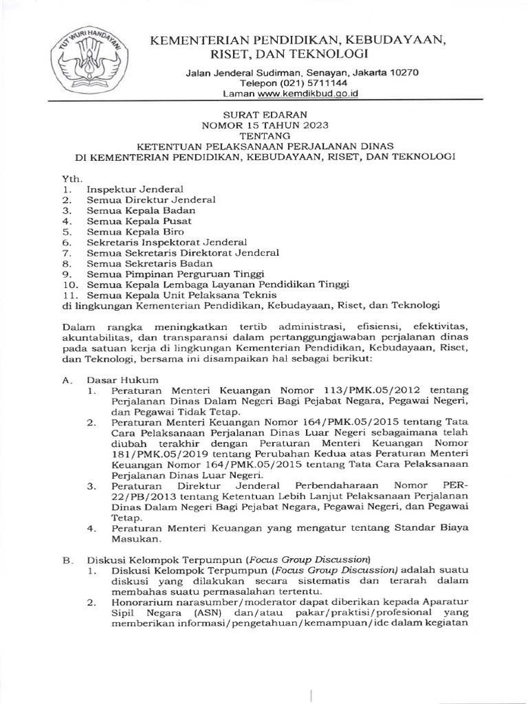 SE Sesjen Nomor 15 Tahun 2023 - Perjalanan Dinas - Cap | PDF