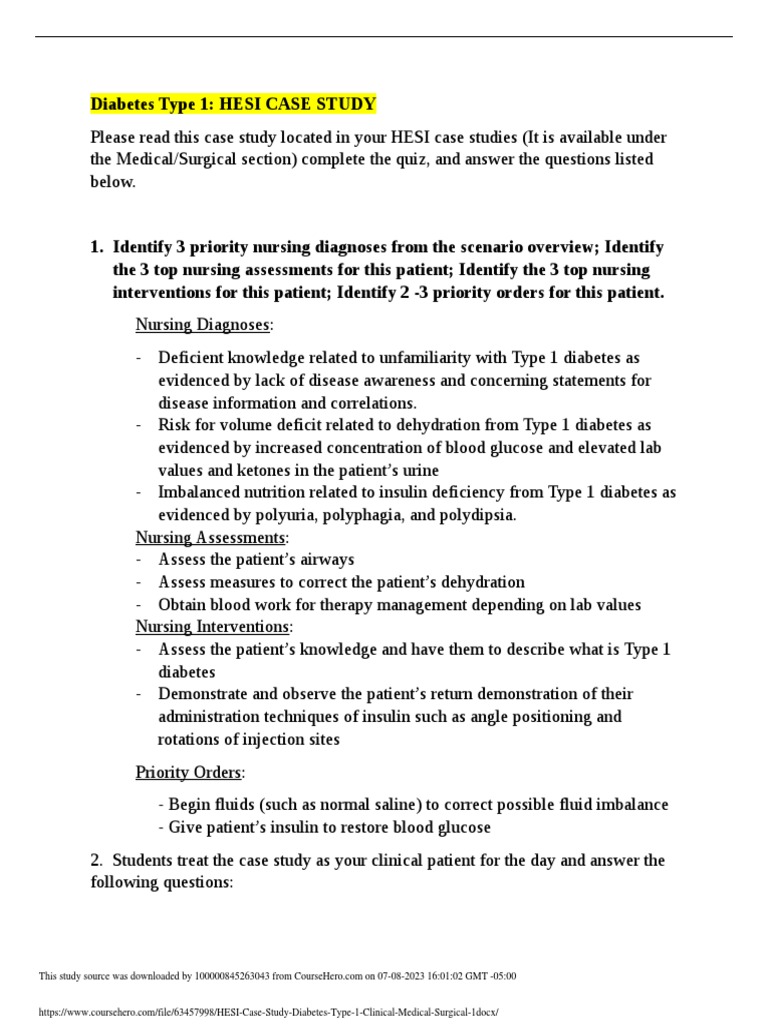 HESI Case Study Diabetes Type 1 Clinical Medical Surgical 1 | PDF ...