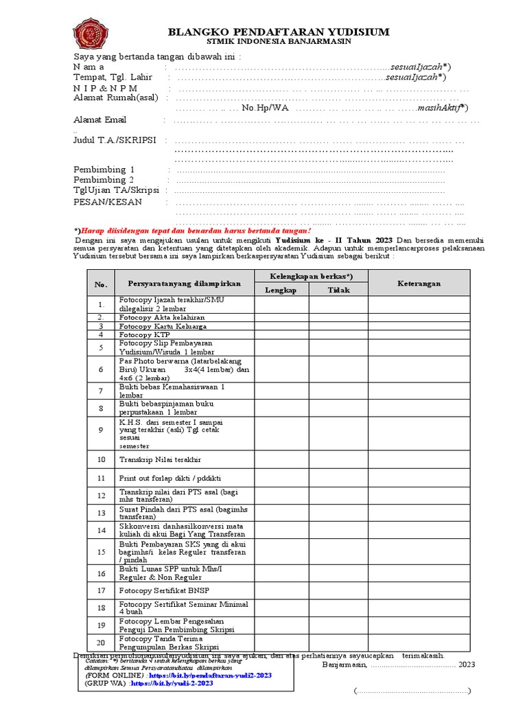 Blangko Pendaftaran Yudisium 2 2023 | PDF