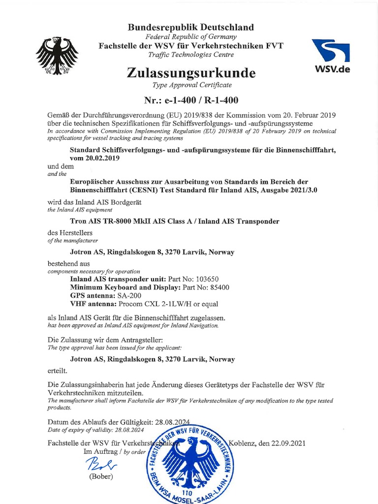 Certificate Tron AIS TR 8000MkII - Inland Type Approval Certifcate | PDF