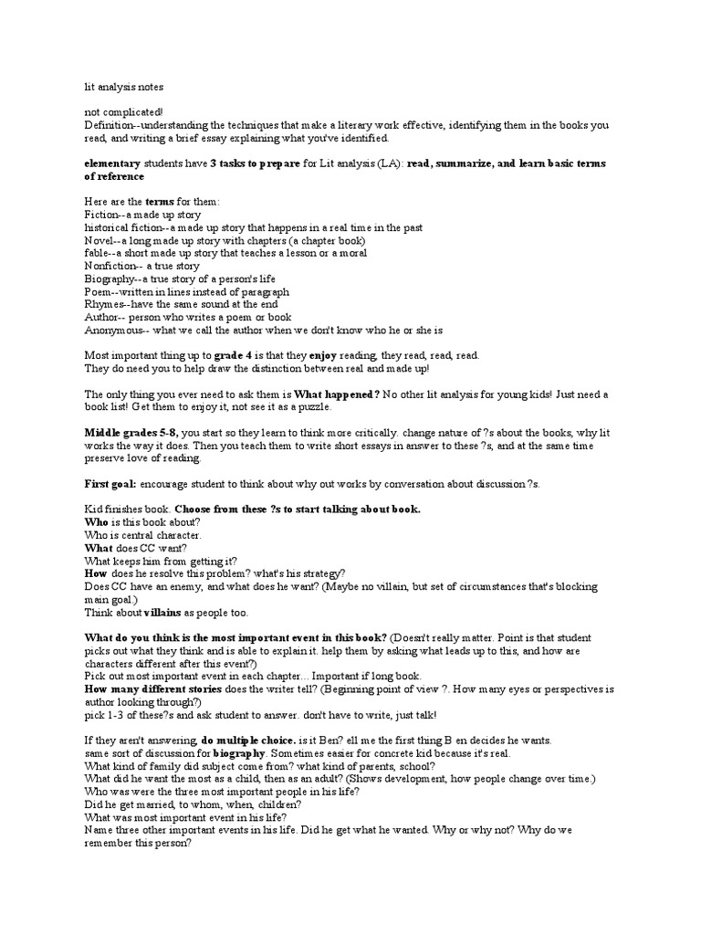 Lit Analysis Notes Bauer Pdf Essays Books 5530
