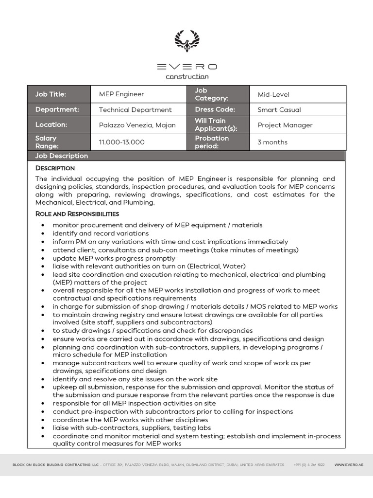 JD - MEP Engineer | PDF | Specification (Technical Standard) | Business