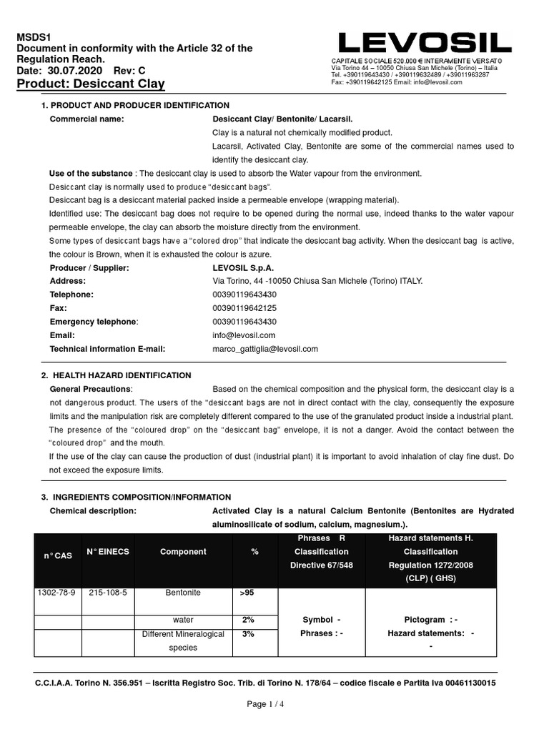 CLAY - MSDS1 Rev C - LEVOSIL - EN | PDF | Dust | Hazards