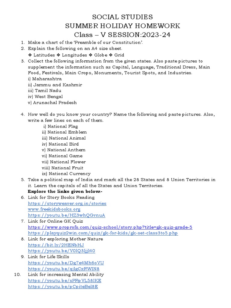 Class 5 Social Studies Holiday Homework | PDF