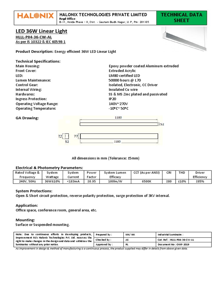 36W LED Linear Light Technical Data Sheet | PDF | Materials | Building ...