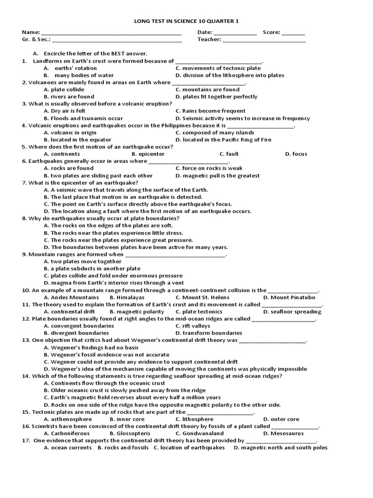 Long Test in Science 10 Quarter 1 | PDF | Plate Tectonics | Earthquakes